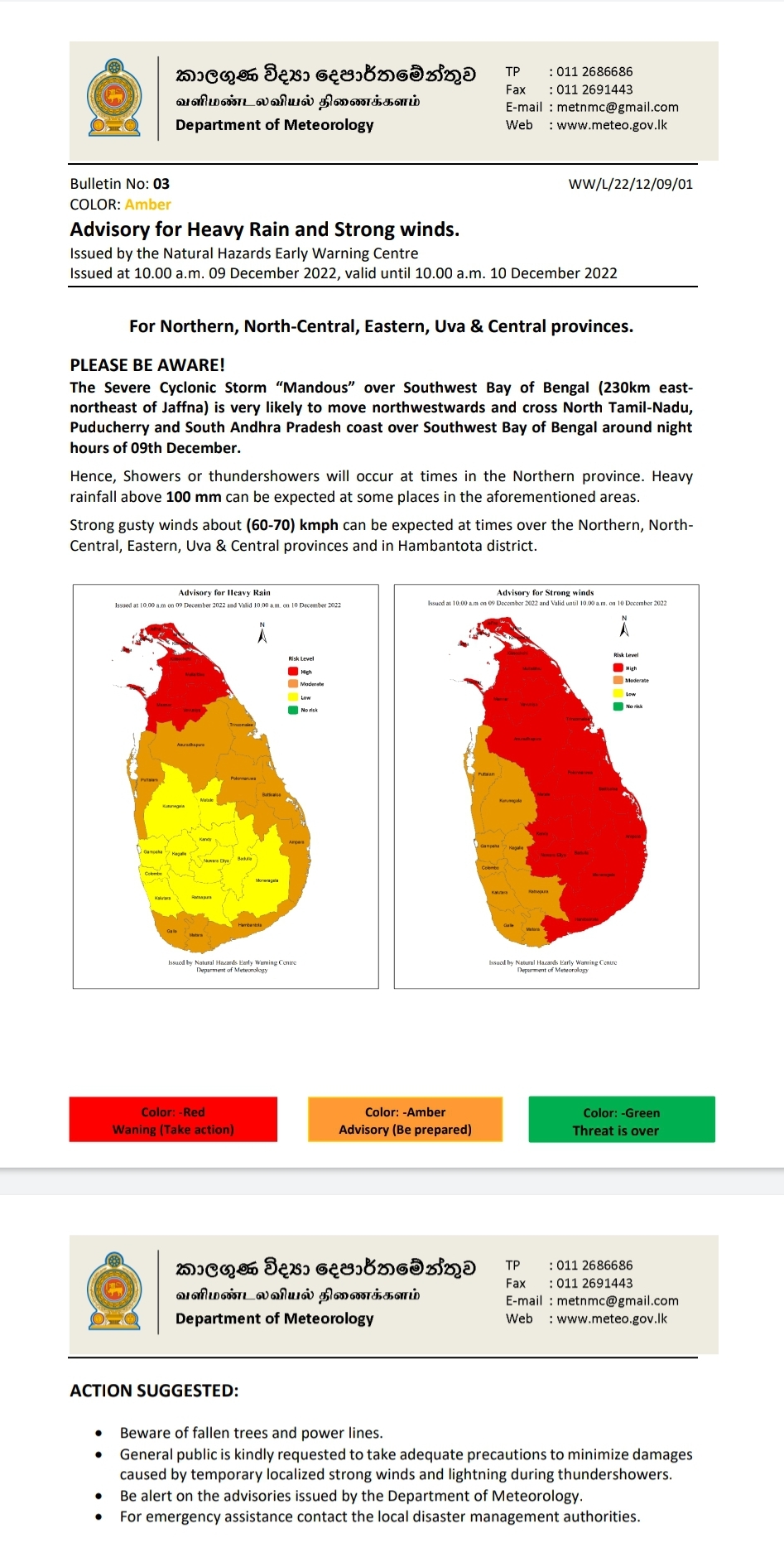 Cyclonic Storm “Mandous” : Heavy Rain & strong wind alert for 4 provinces - Ceylon Independent