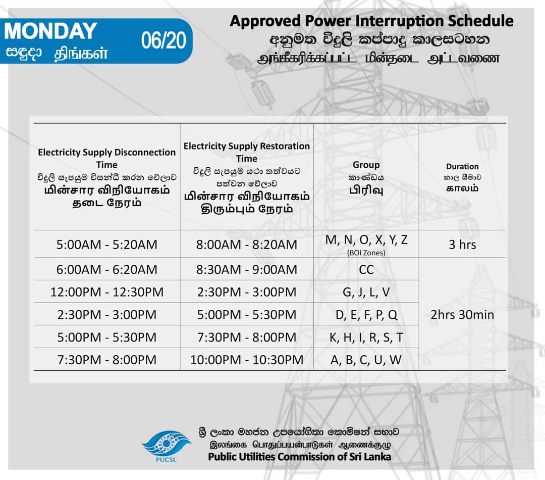 Power cut schedule for 20th June 2022 - Ceylon Independent