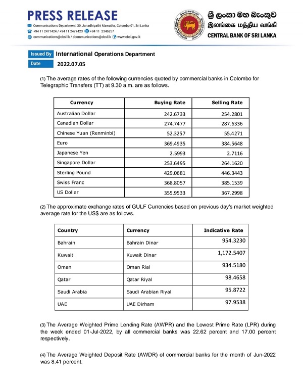 Today’s CBSL official exchange rates - Ceylon Independent